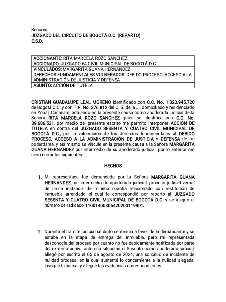 Tutela Marcela Rozo | PDF | Debido al proceso | Caso de ley