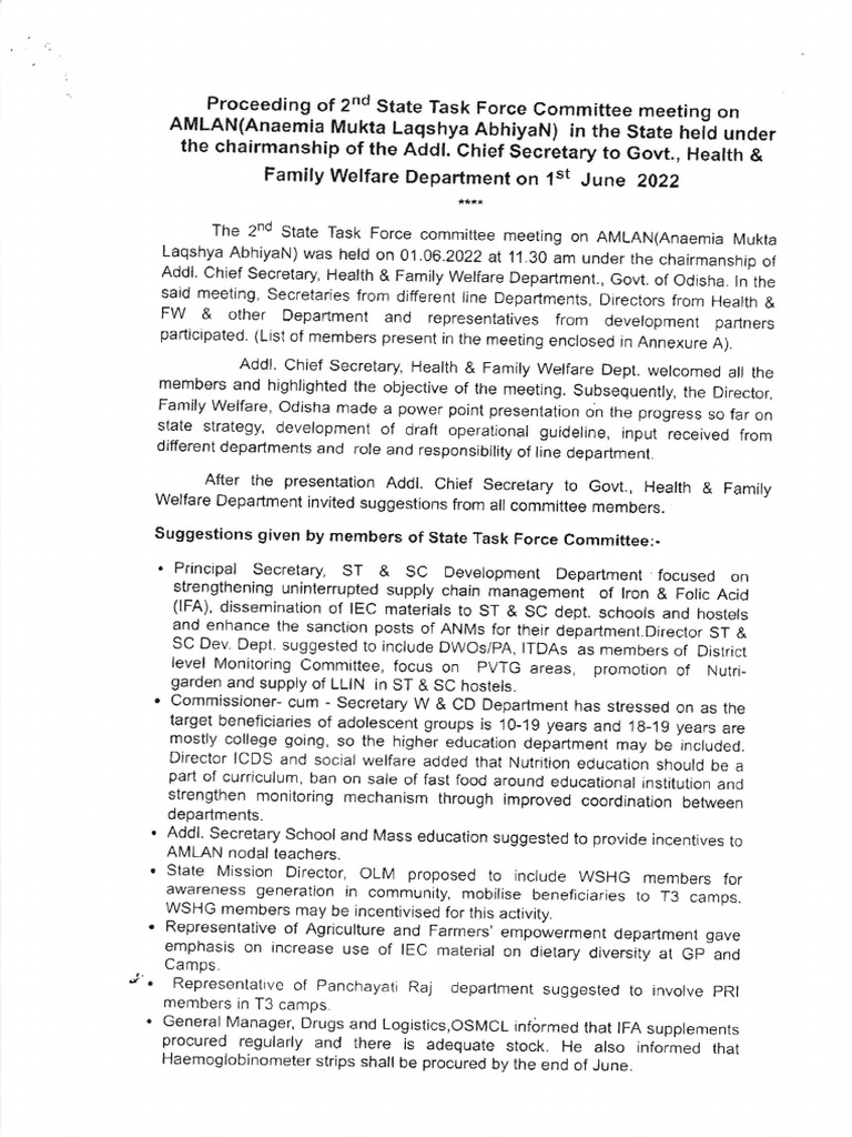 AMLAN Programme Task Force Meeting Summary | PDF | Anemia | Nutrition