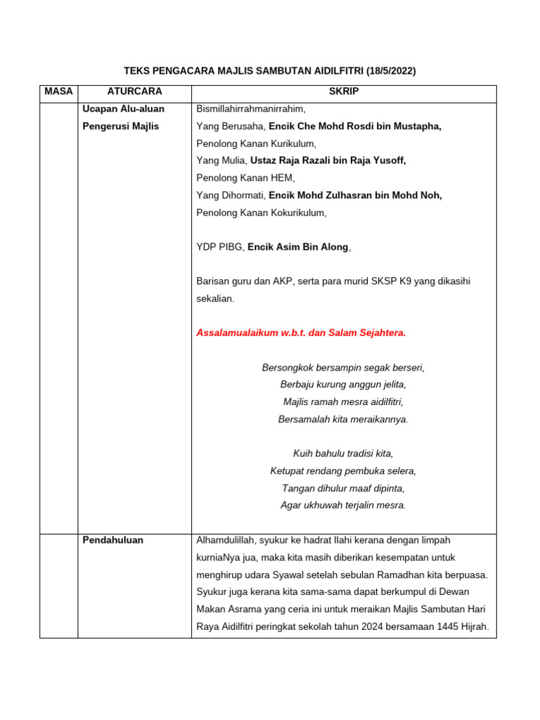 Skrip Emcee Majlis Sambutan Aidilfitri 2024 | PDF