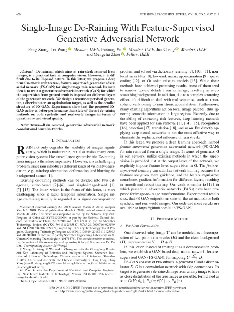 2019 Single-Image De-Raining With Feature-Supervised Generative Adversarial Network | PDF | Deep ...