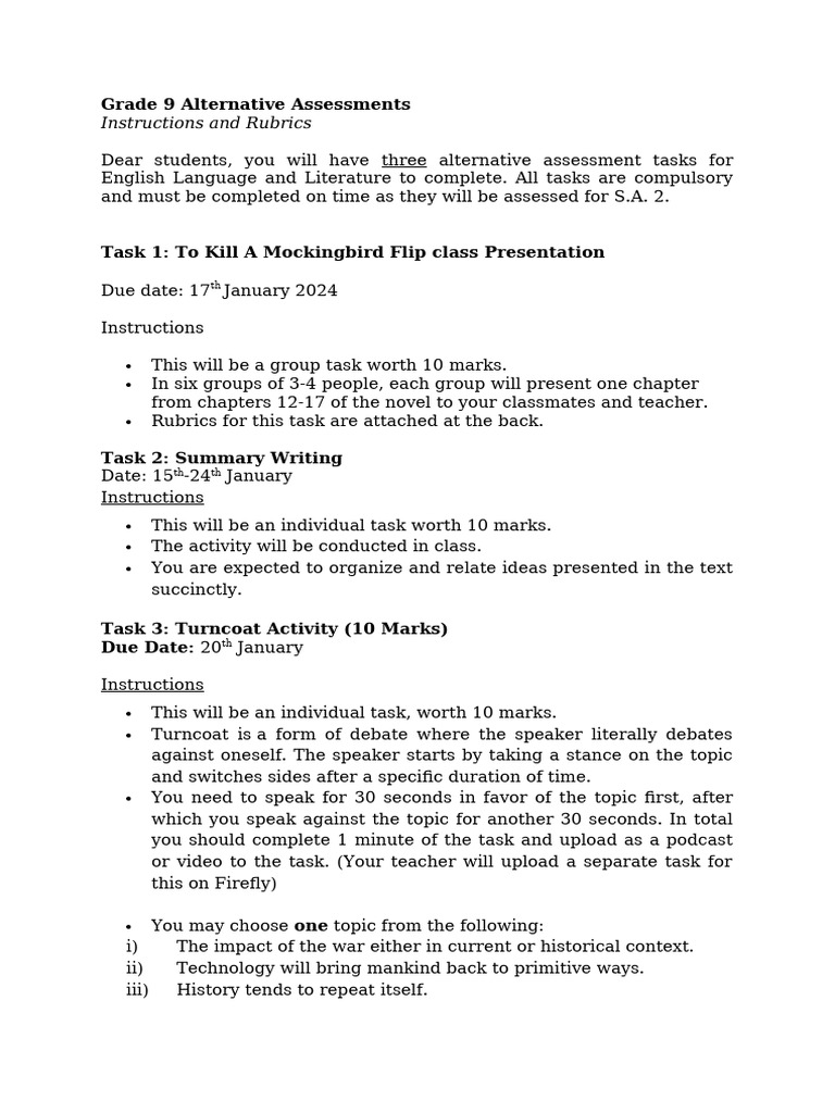 Grade 9 English Alternative Assessments | PDF | Cognition | Human ...