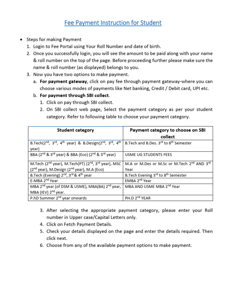 Student Fee Payment Instructions Guide | PDF