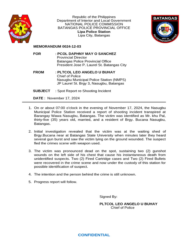 Batangas Police Shooting Incident Report | PDF