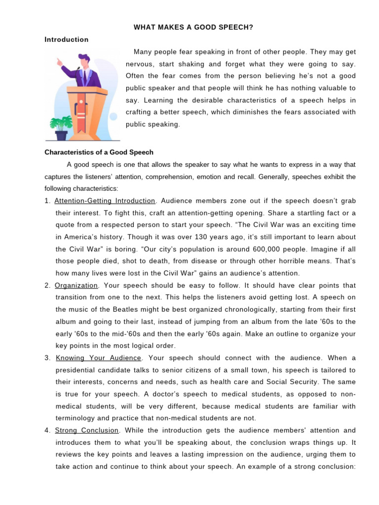 Key Characteristics of a Good Speech | PDF | Public Speaking | Fear