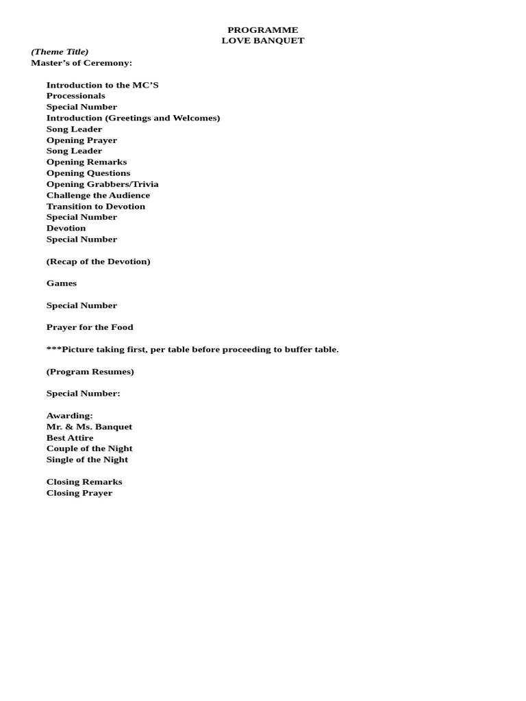 Love Banquet Program Itinerary | PDF