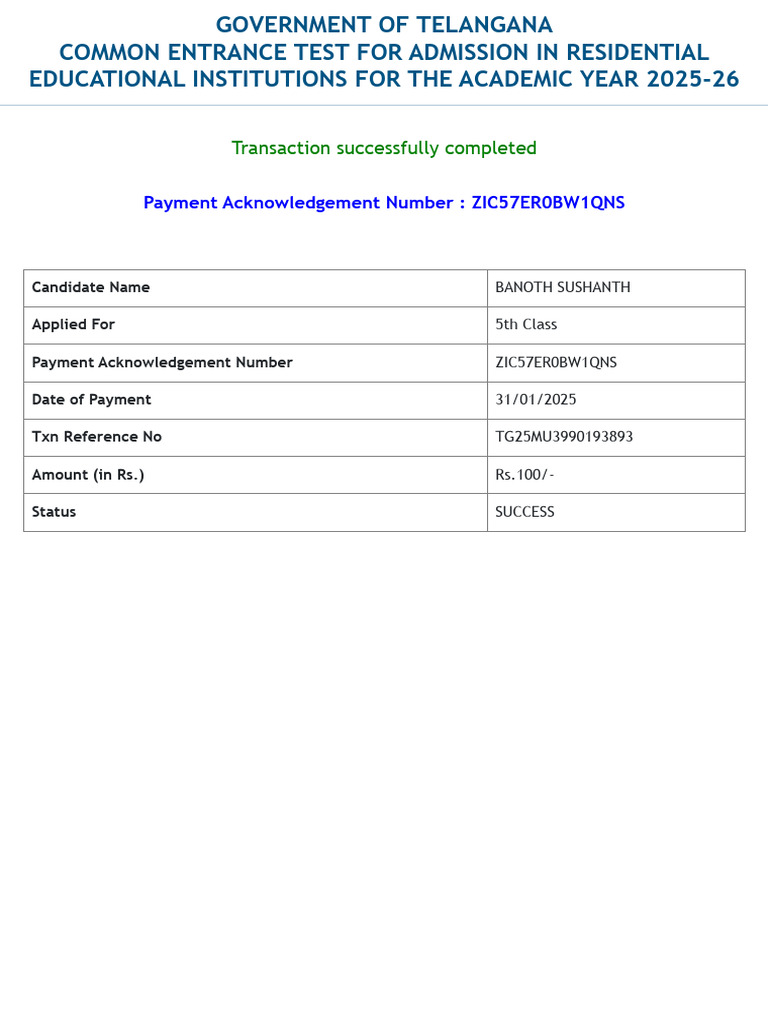Transaction Successfully Completed: Payment Acknowledgement Number ...