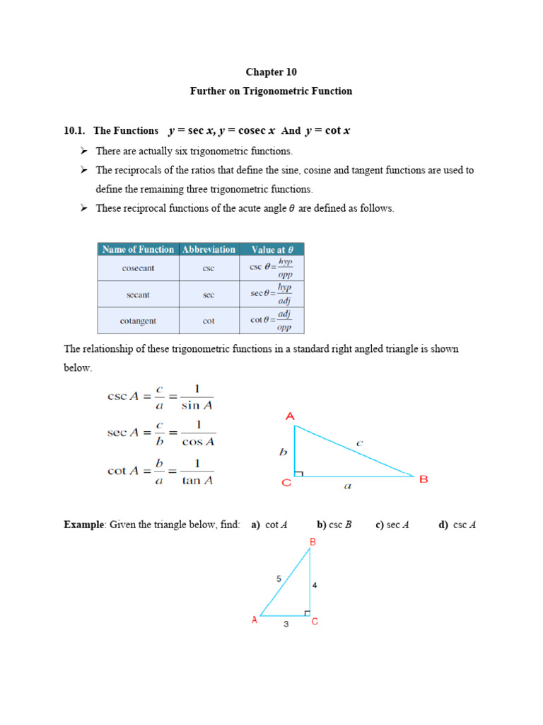 Further On Trigonomertric Functions Chapter 10 Pdf Trigonometric Functions Euclidean