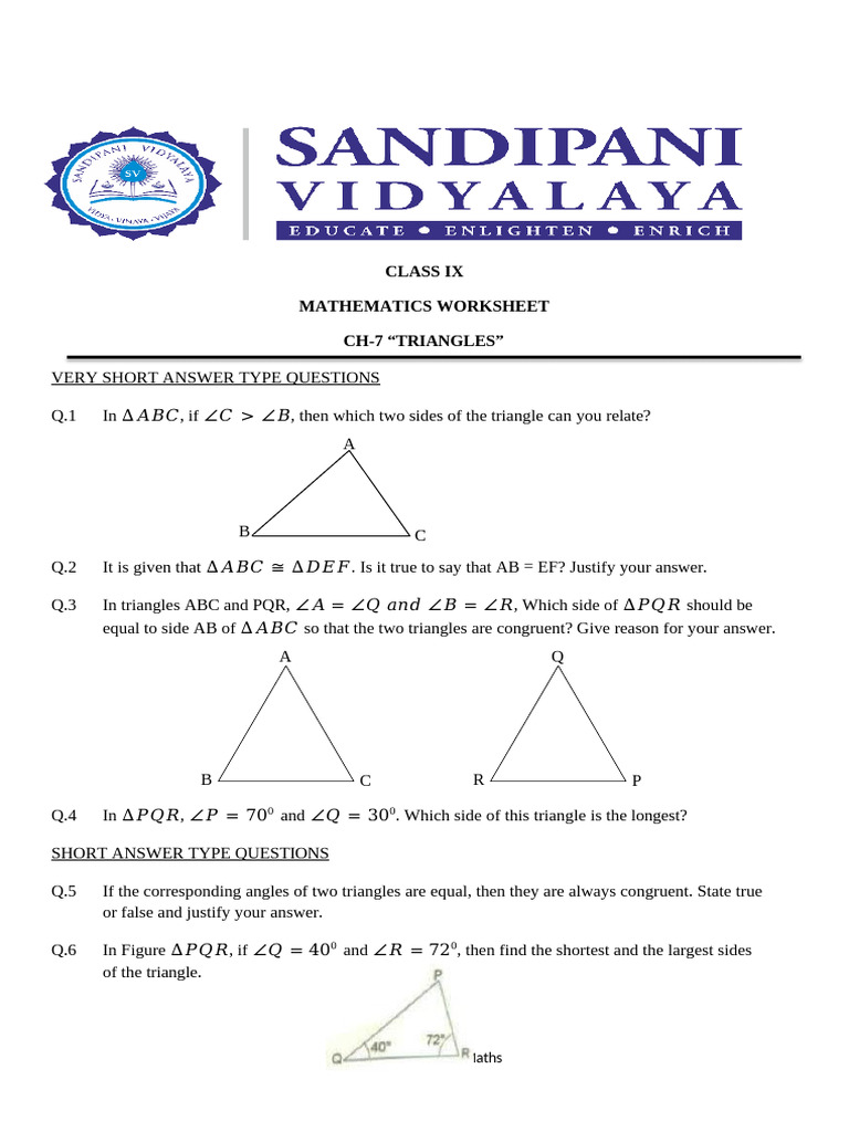 c9 Chapter 7 Triangles Wksht | PDF | Triangle | Elementary Geometry