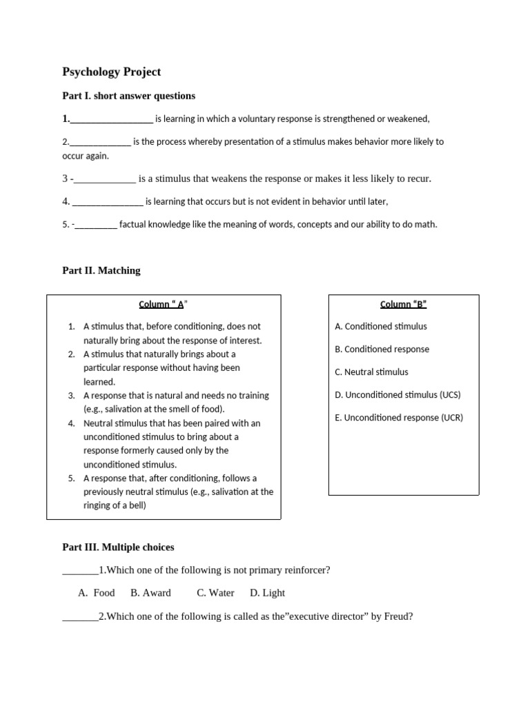 Psychology Project 083354 | PDF | Classical Conditioning | Self Esteem