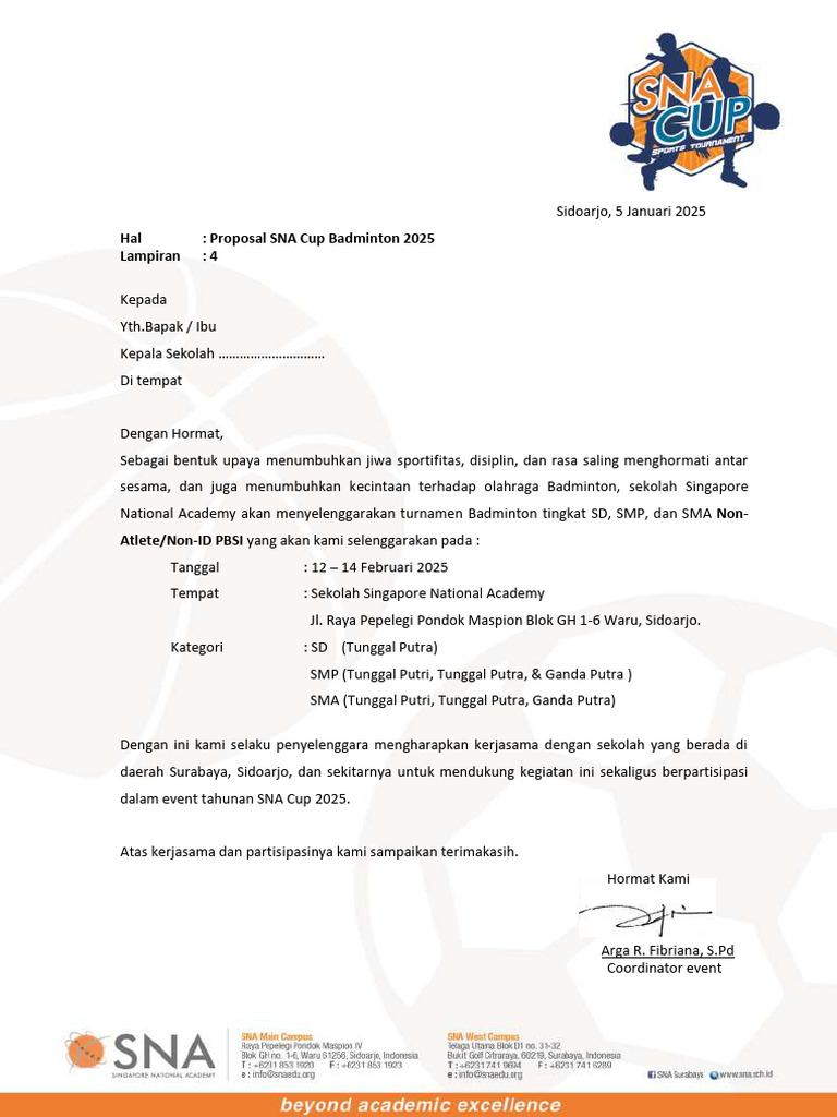 Proposal SNA Cup Badminton 2025 | PDF