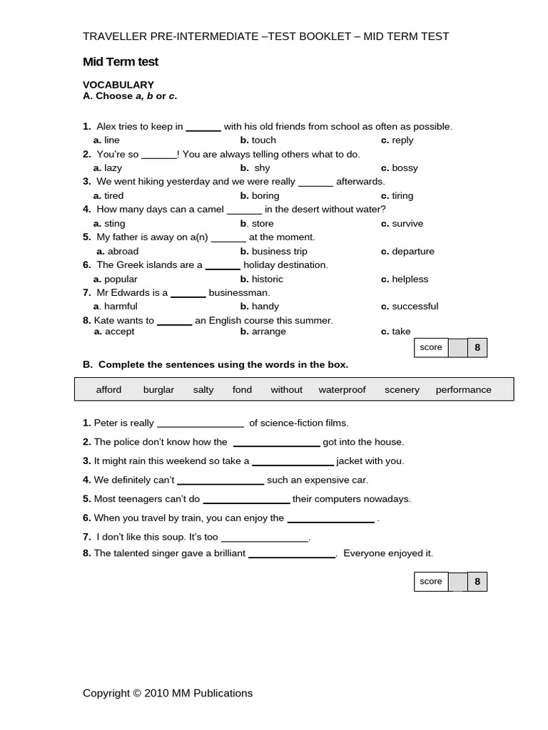Traveller Pre-Interm_Mid Term Test | PDF