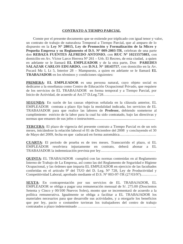 CONTRATO A TIEMPO PARCIAL-micro Empresa | PDF | Derecho laboral
