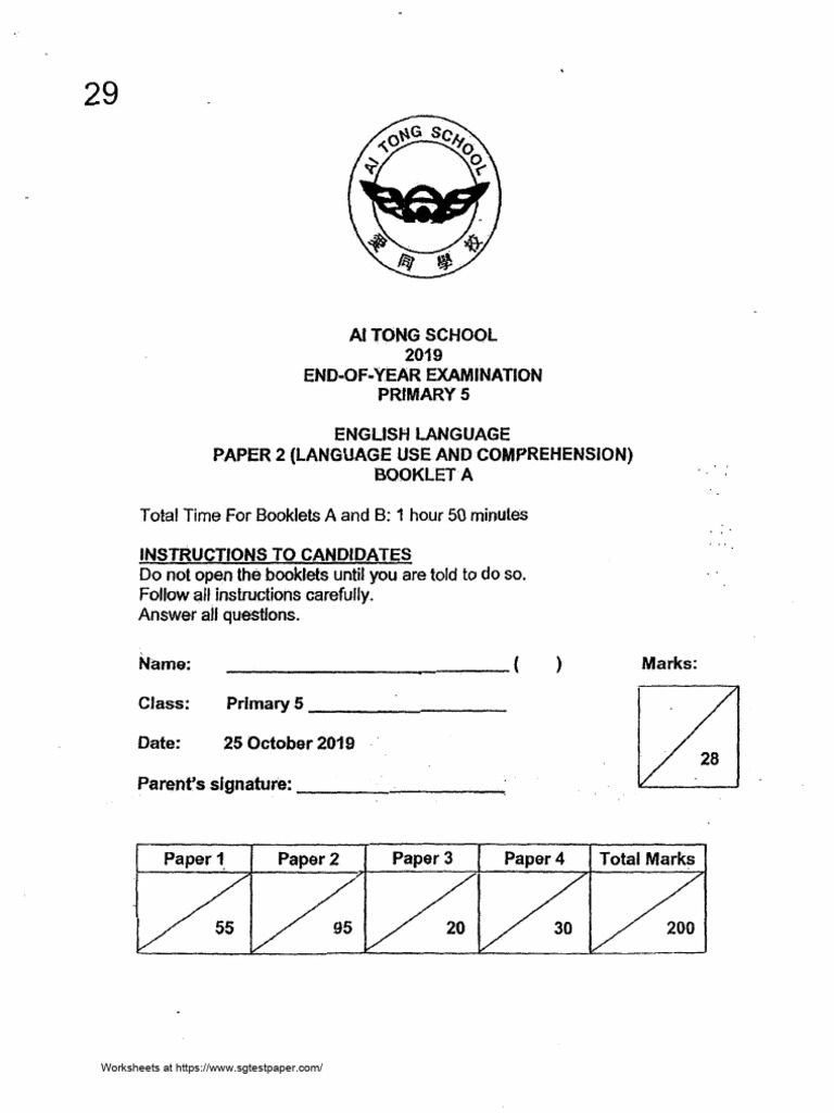 P5 English SA2 2019 Ai Tong Exam Papers | PDF