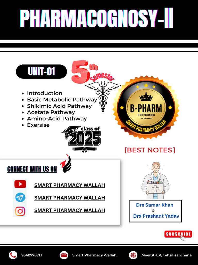 UNIT 01 (PHARMACOGNOSY) 5th Semester Smart Pharmacy Wallah DRX Samar Khan | PDF | Amino Acid ...