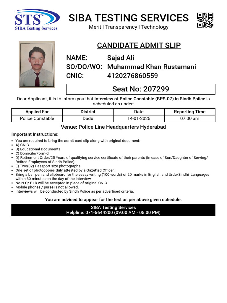 Siba Testing Services: Candidate Admit Slip | PDF