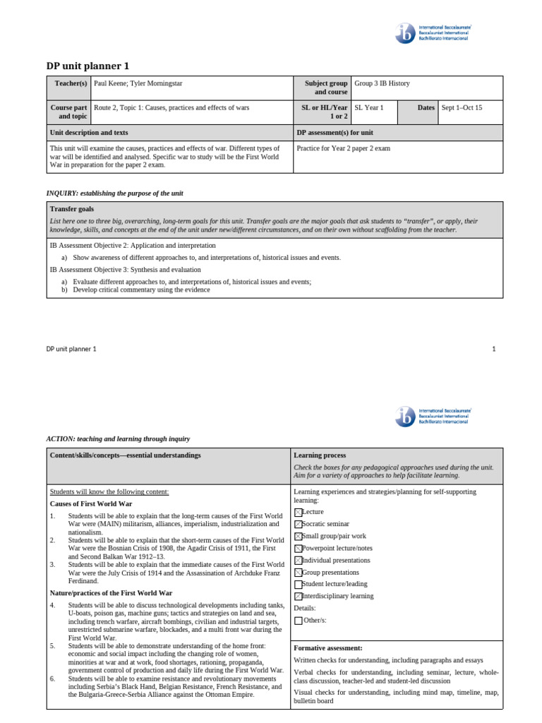 IB History: WWI Causes and Effects Unit | PDF | Critical Thinking ...