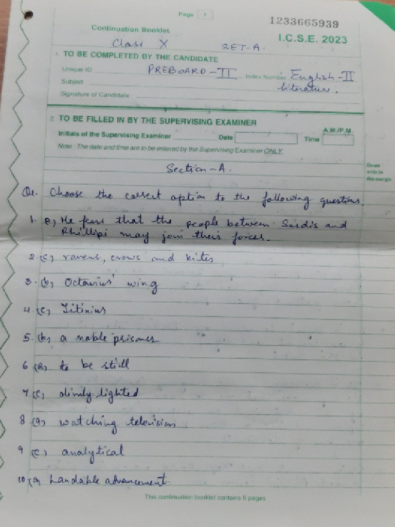 Class 10, English Literature, Set A, II Pre - Board 2025, Solved Sample Answer Scripts. | PDF