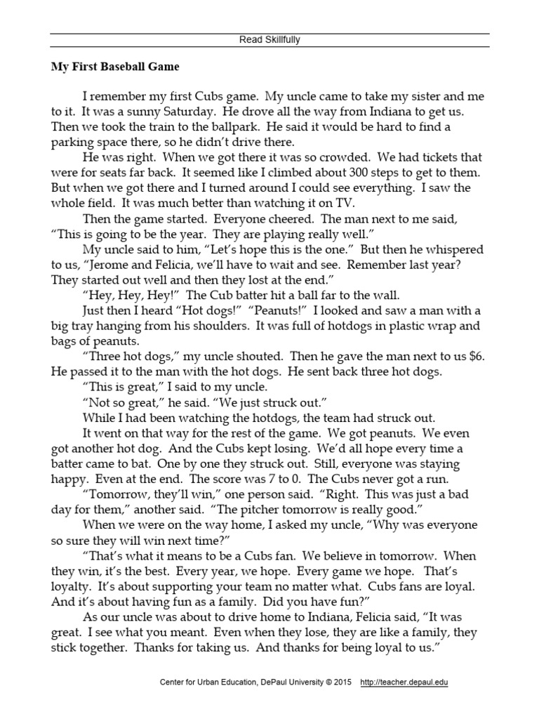 My First Baseball Game: Read Skillfully | PDF