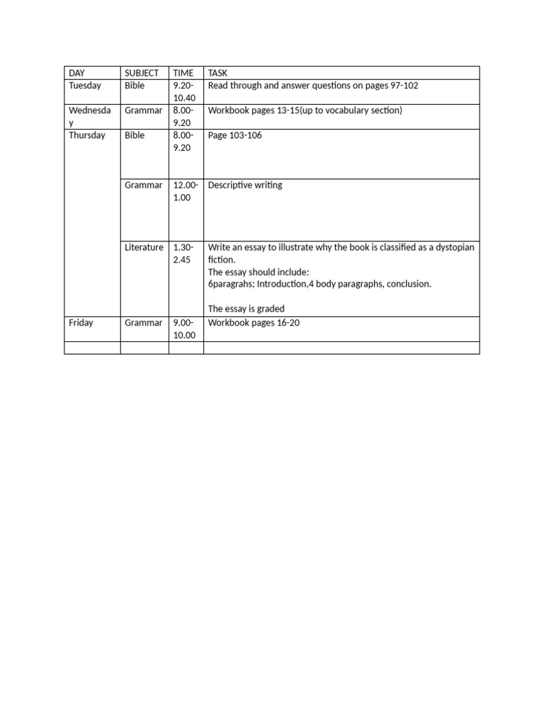 Grade 7 Language Arts and Bible Assignment Schedule | PDF