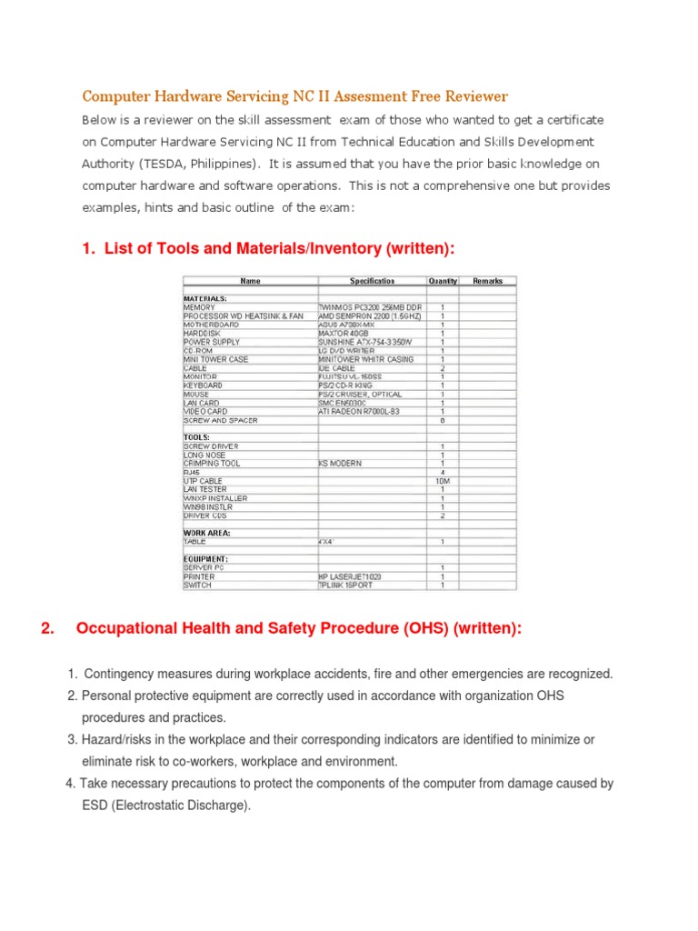 Computer Hardware Servicing NC II Assesment Free Reviewer | PDF ...
