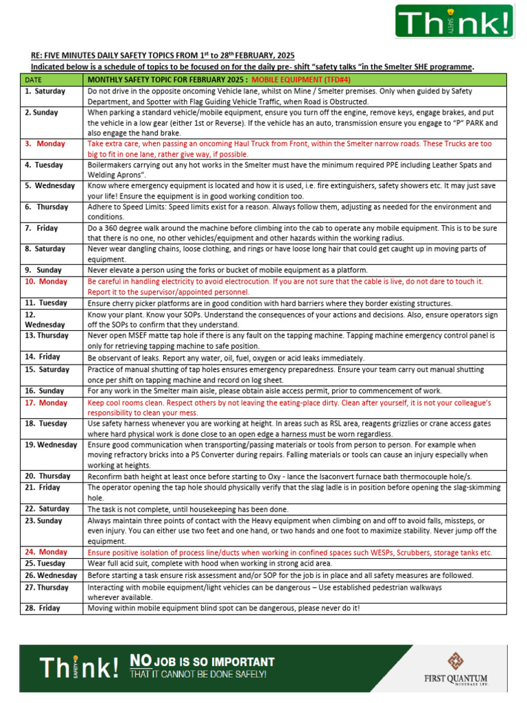 February 2025 Daily Safety Topics | PDF | Truck | Manufactured Goods