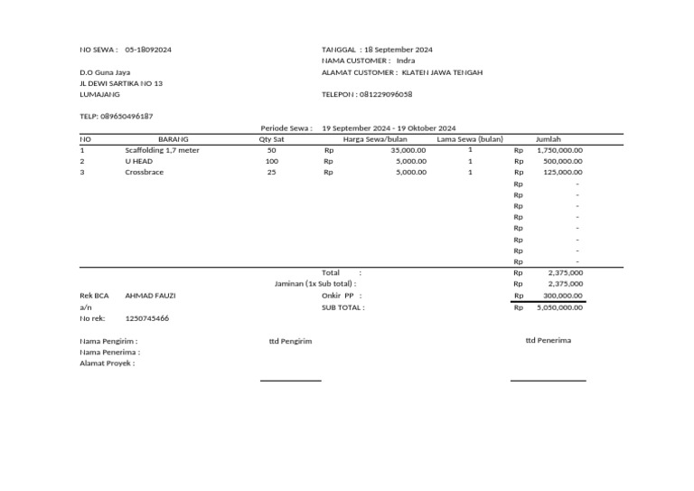 Nota Sewa Scaffolding Indra 2024 | PDF