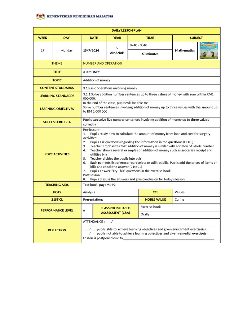 RPH Mate DLP Y5 v2 Topic 3a | PDF | Lesson Plan | Teachers