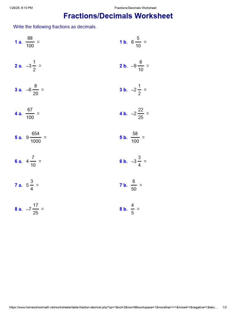 Fractions - Decimals Worksheet | PDF | Decimal | Mathematical Concepts