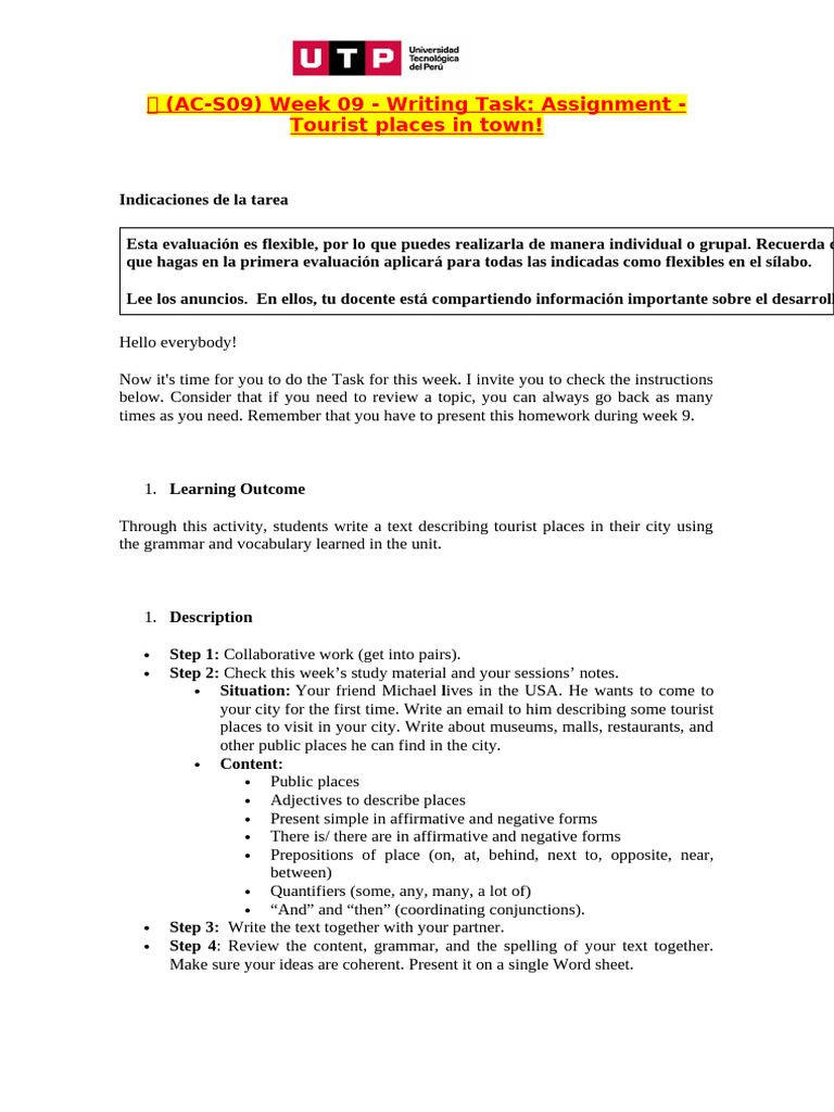 ? (AC-S09) Week 09 - Writing Task Assignment - Tourist Places in Town! (INGLES 2) | PDF ...