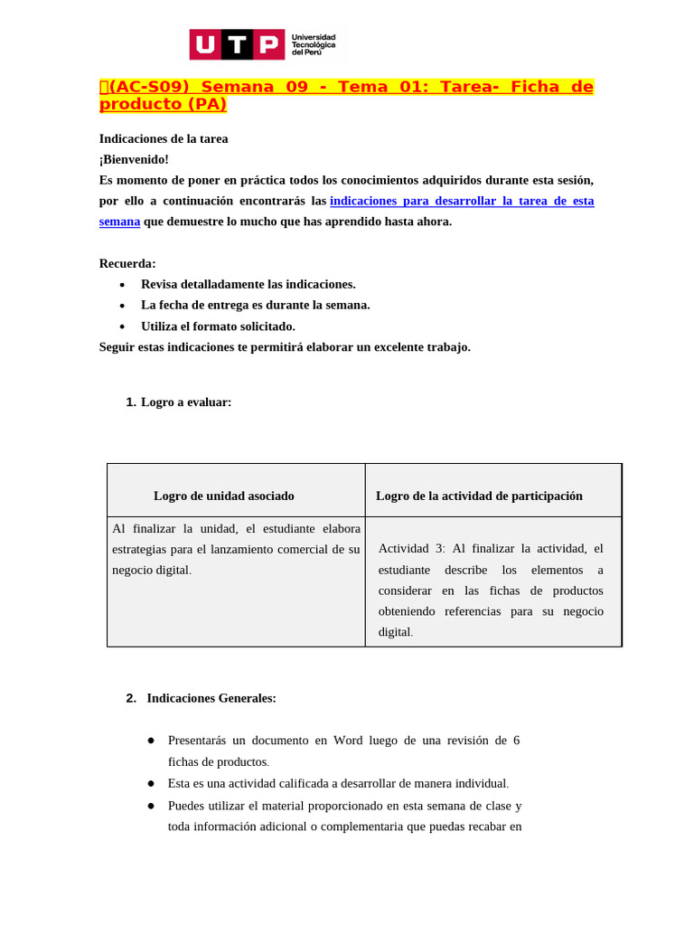 ? (AC-S09) Semana 09 - Tema 01 Tarea - Ficha de Producto (PA) (NEGOCIOS DIGITALES) | PDF ...