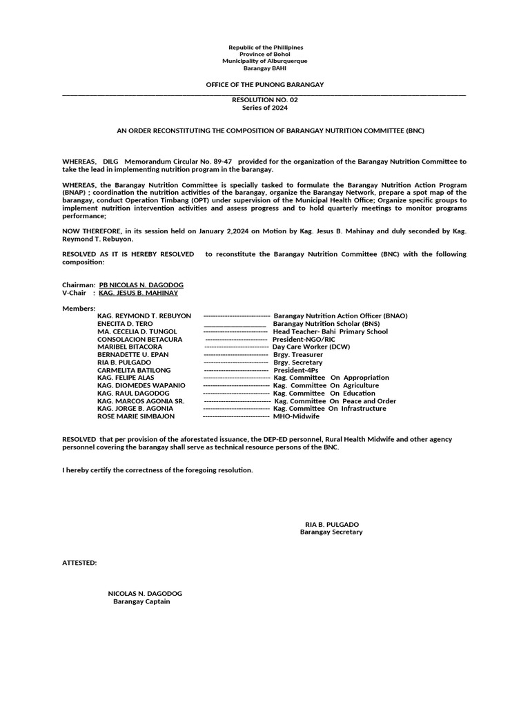 Reconstitution of Barangay Nutrition Committee | PDF
