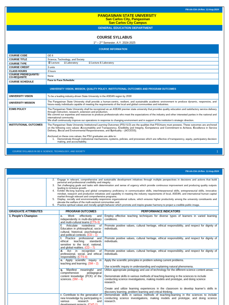 Ge 6 STS Updated Syllabus Ay 2024 2025 2 | PDF | Learning | Pedagogy