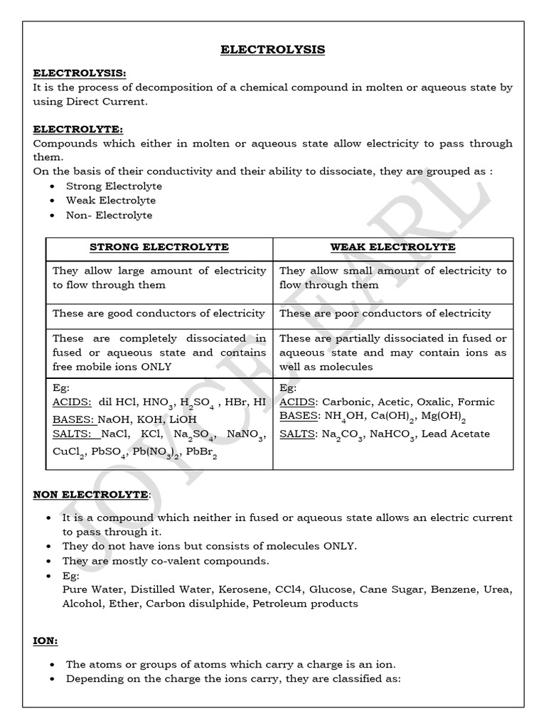 ICSE Class 10 Electrolysis Notes | PDF | Anode | Cathode