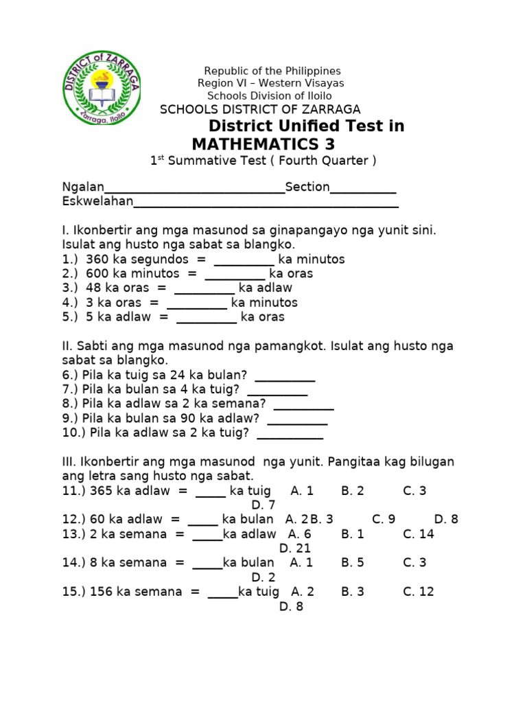 Math3 Q4 ST1 | PDF | Mathematics