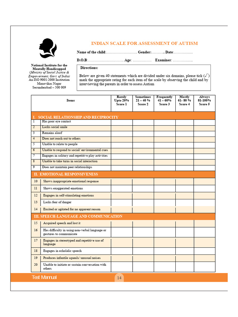 ISAA QUESTIONNAIRE | PDF | Autism | Nonverbal Communication