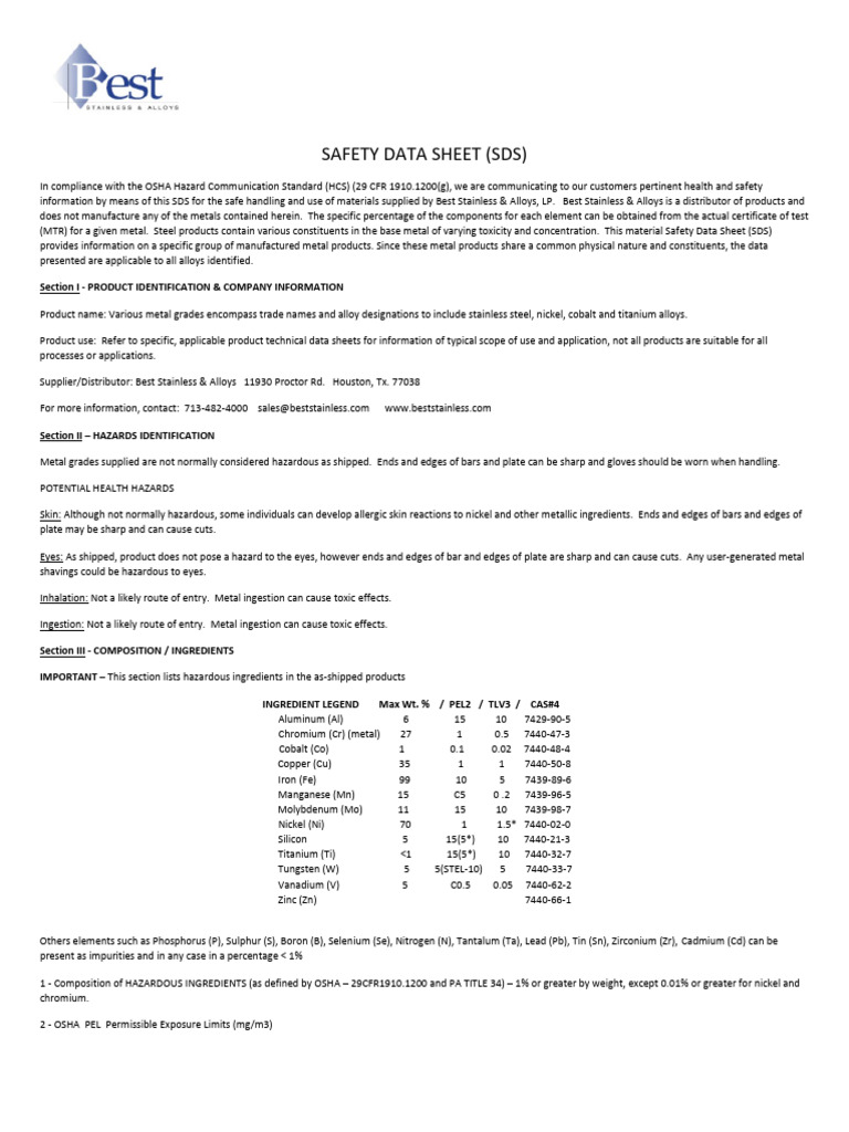 SDS BestStainless Form 181 Rev A 2023-002 | PDF | Nickel | Chromium