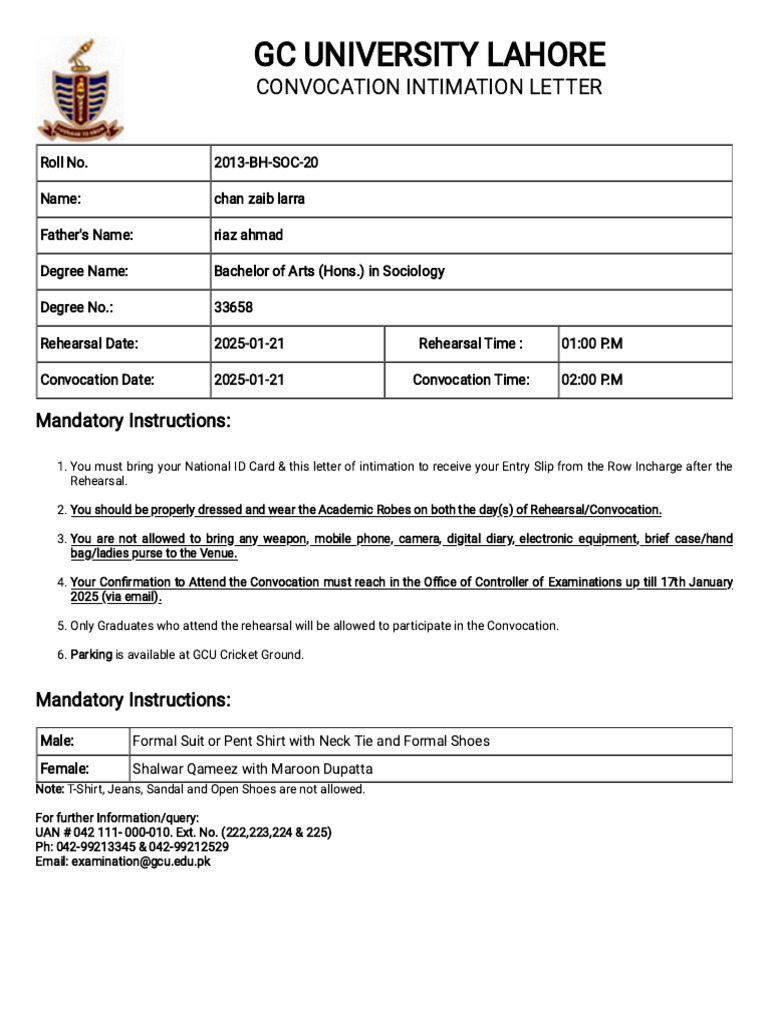 GCU Lahore Convocation Details 2025 | PDF