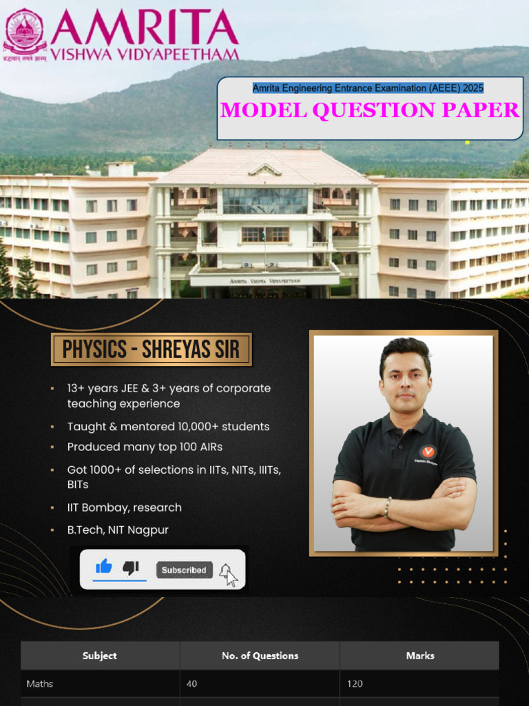 Amrita Engineering Entrance Examination (AEEE) 2025: Model Question ...