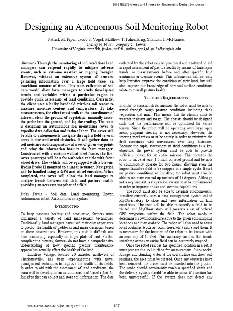 Autonomous Soil Monitoring Rover Design | PDF | Robot | Robotics