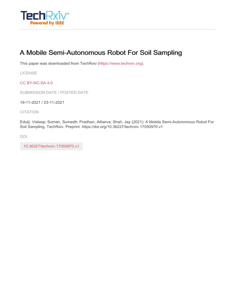 A Mobile Semi-Autonomous Robot For Soil Sampling | PDF | Robot | Robotics