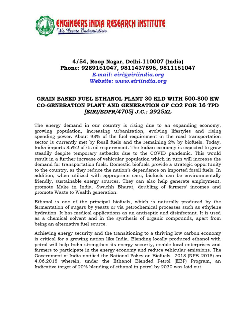 Project Report On GRAIN BASED FUEL ETHANOL PLANT 30 KLD WITH 500-800 KW ...