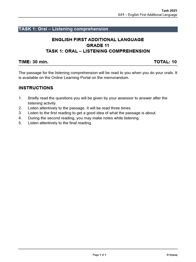 English First Additional Language Grade 11 Task 1: Oral - Listening ...