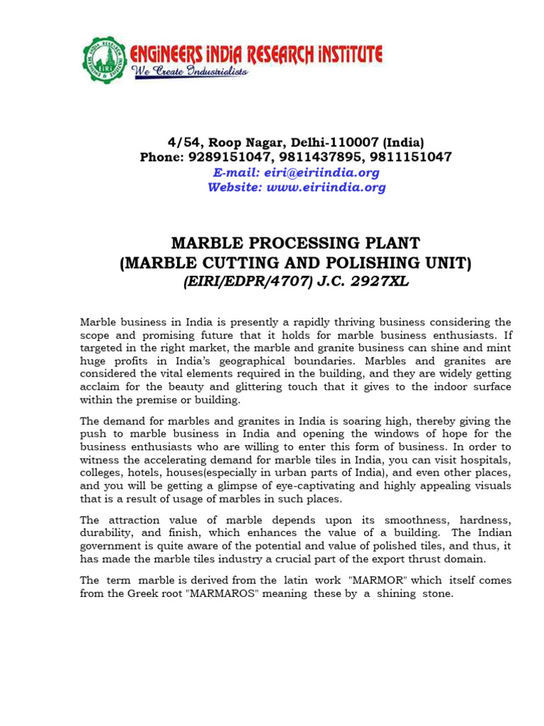 Marble Processing Plant Overview | PDF | Waste | Marble