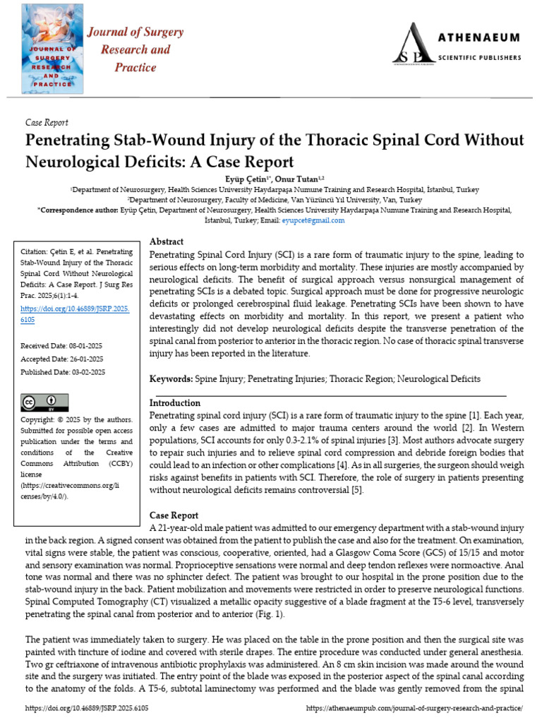 Penetrating Stab Wound Injury of The Thoracic Spinal Cord Without ...