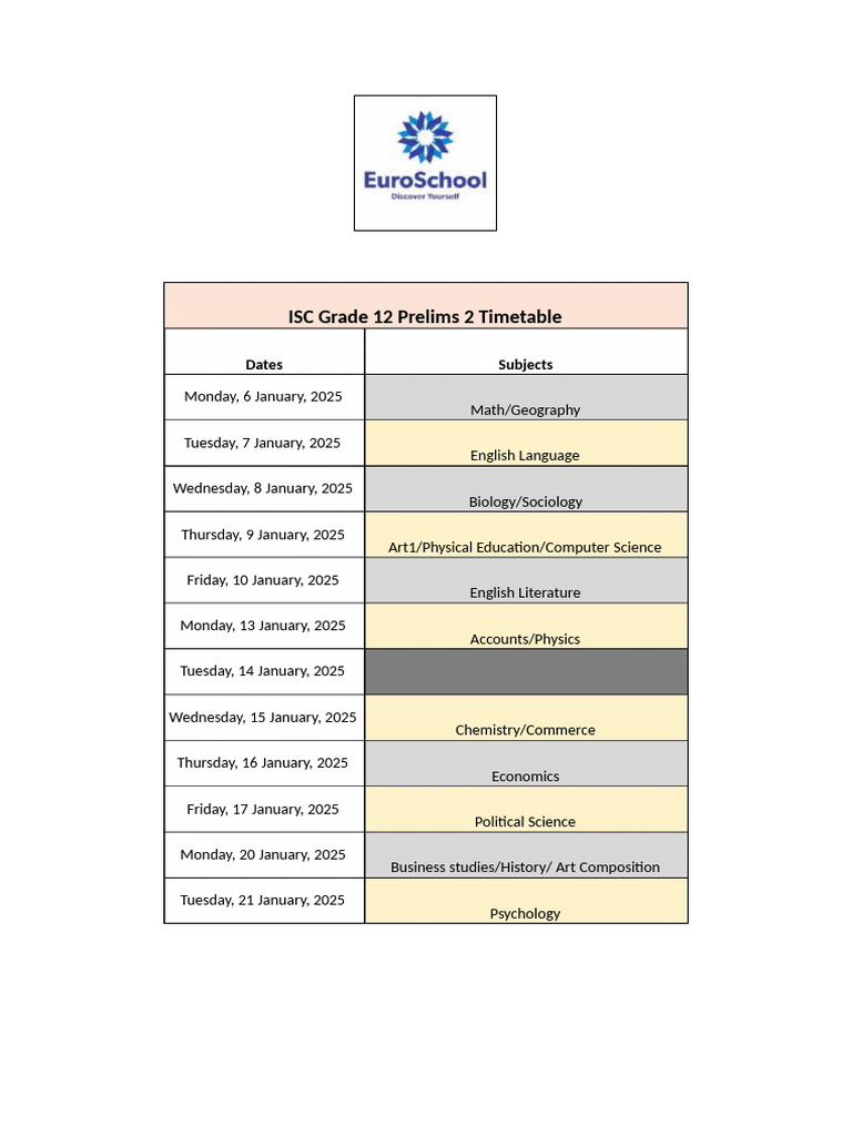 ISC Grade 12 Prelims 2 Timetable 2025 | PDF