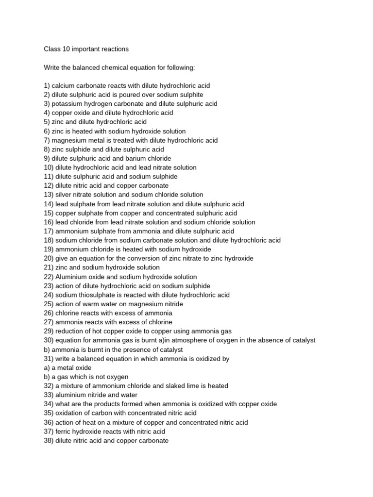 Class 10 Important Reactions | PDF | Oxide | Acid