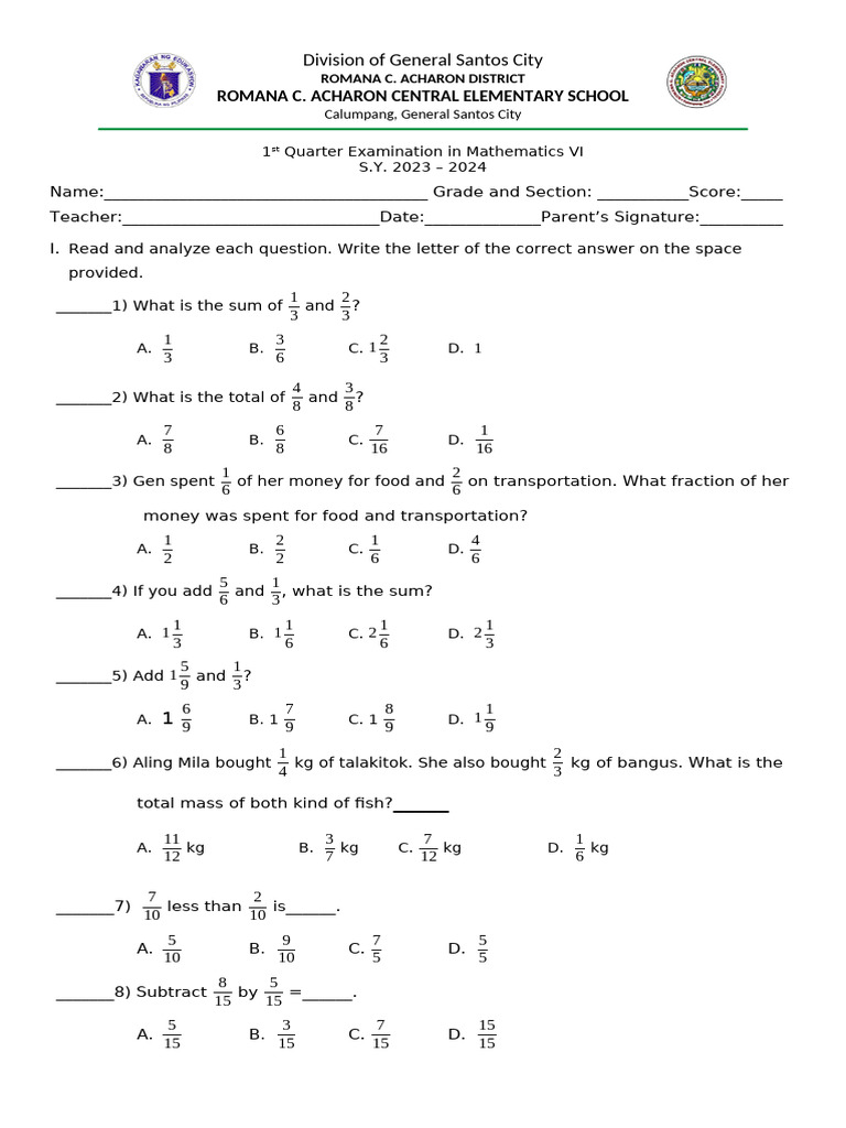 1st Quarter Examination in Mathematics | PDF | Multiplication | Subtraction