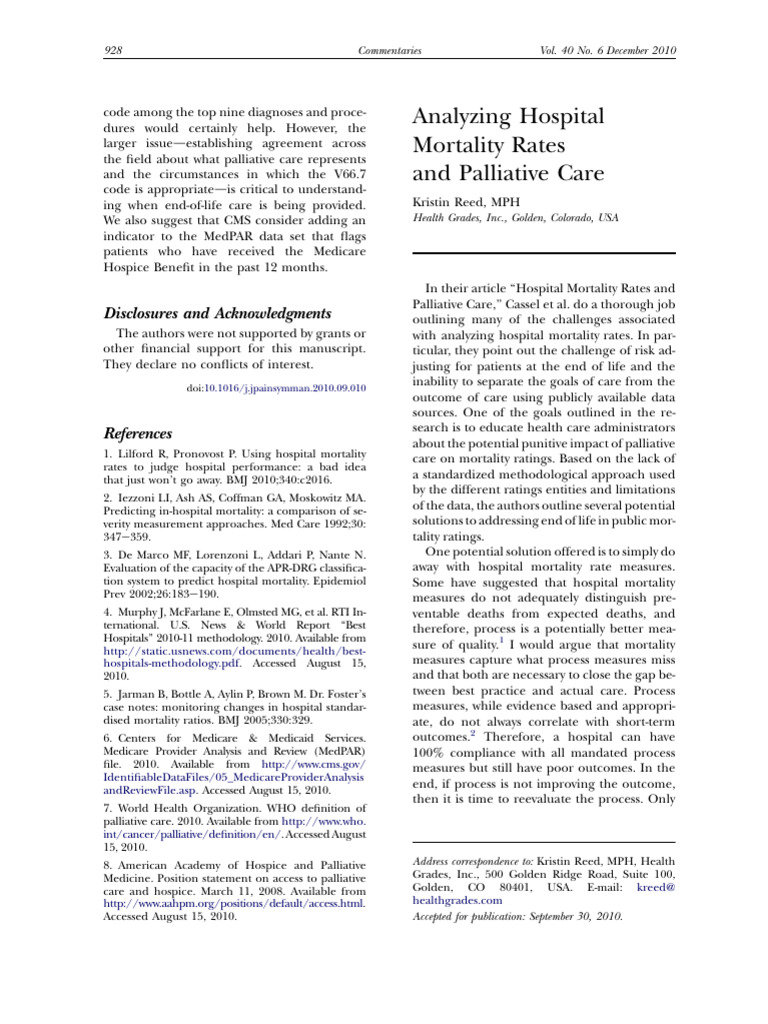 Analyzing Hospital Mortality Rates and Palliative Care | PDF ...