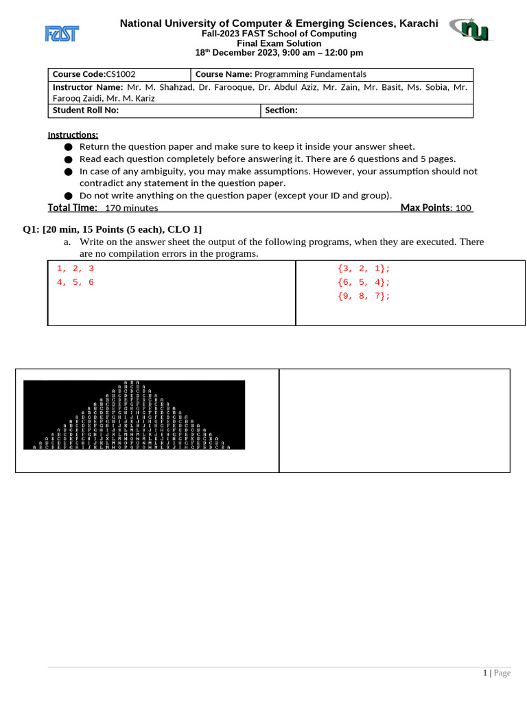 CS1002 Programming Fundamentals Exam Solutions | PDF | Computer ...