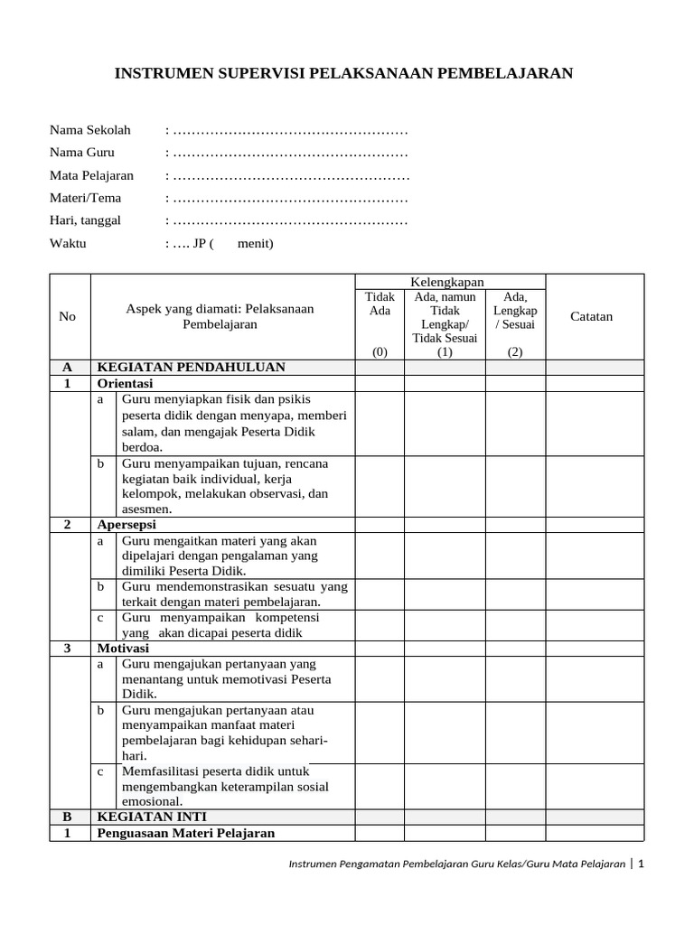 INSTRUMEN MONEV OBSERVASI GURU KELAS DAN GURU MAPEL | PDF